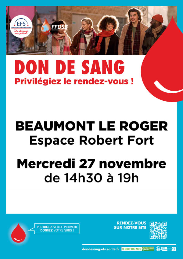 DON DU SANG du mercredi 27 novembre 2024 - Mairie de Beaumont Le Roger